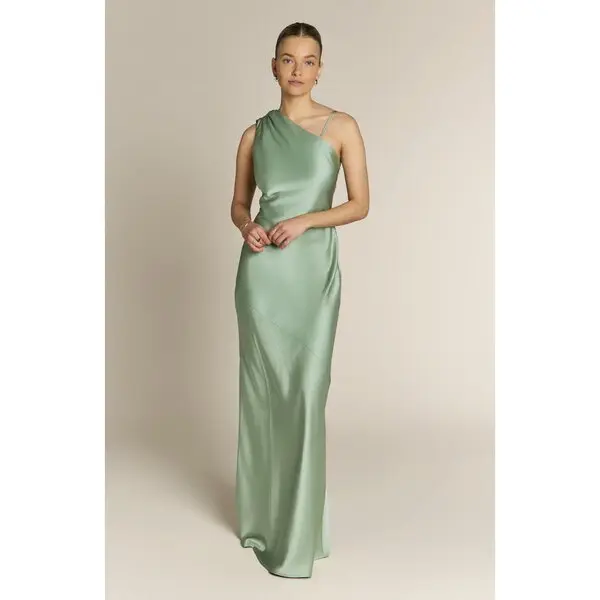 REWRITTEN Raye One Shoulder Luxe Satin Maxi Dress - Sage