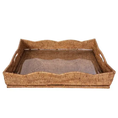ARTIFACTS TRADING COMPANY™ Artifacts Rattan Scallop Rectangular Tray With Glass Insert - Honey Brown