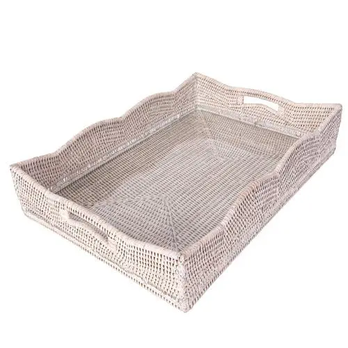 ARTIFACTS TRADING COMPANY™ Artifacts Rattan Scallop Rectangular Tray With Glass Insert - White Wash