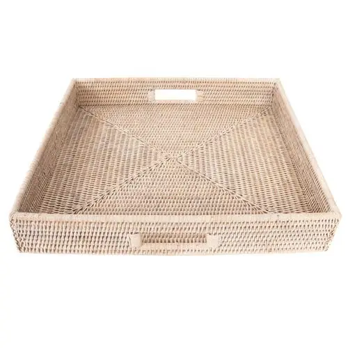 ARTIFACTS TRADING COMPANY™ Artifacts Rattan Square Serving Tray With Cutout Handles - White Wash