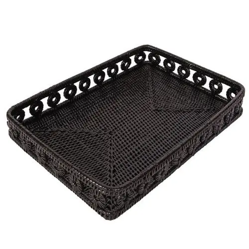 ARTIFACTS TRADING COMPANY™ Artifacts Rattan Inna Design Rectangular Tray With Glass Insert - Tudor Black