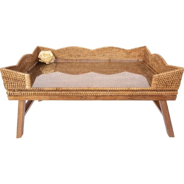 ARTIFACTS TRADING COMPANY™ Artifacts Rattan Scallop Design Breakfast Tray With Wooden Legs & Glass Insert - Honey Brown