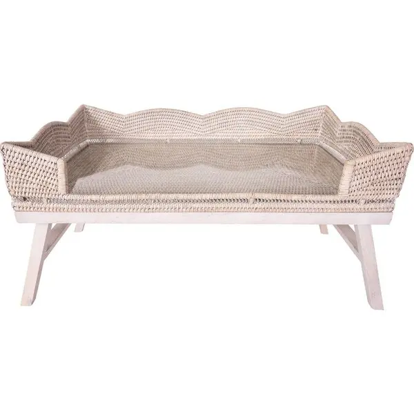 ARTIFACTS TRADING COMPANY™ Artifacts Rattan Scallop Design Breakfast Tray With Wooden Legs & Glass Insert - White Wash