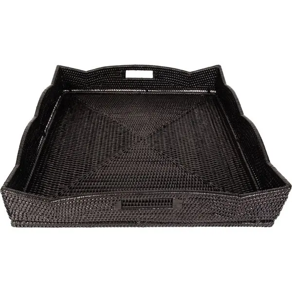 ARTIFACTS TRADING COMPANY™ Artifacts Rattan Scallop Collection Square Tray With Cutout Handles - Tudor Black