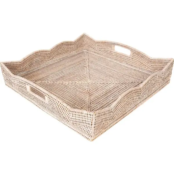 ARTIFACTS TRADING COMPANY™ Artifacts Rattan Scallop Collection Square Tray With Cutout Handles - White Wash