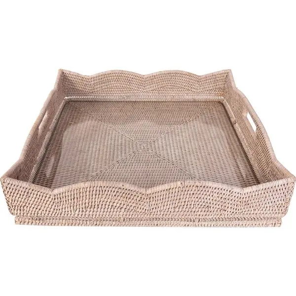 ARTIFACTS TRADING COMPANY™ Artifacts Rattan Scallop Square Tray With Glass Insert - White Wash