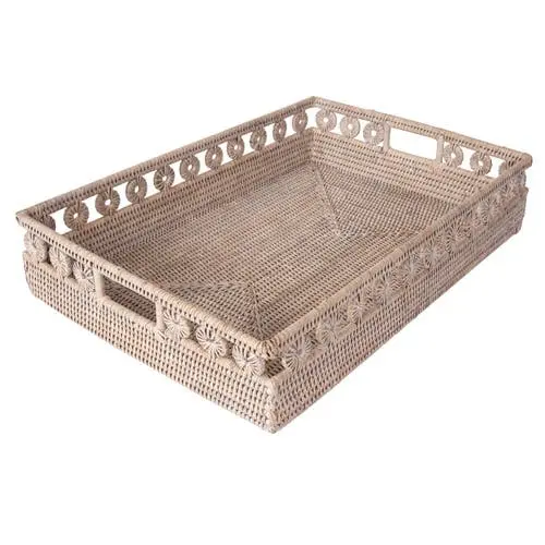 ARTIFACTS TRADING COMPANY™ Artifacts Rattan Inna Design Rectangular Tray With Cutout Handles & Glass Insert - White Wash