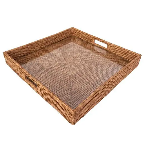 ARTIFACTS TRADING COMPANY™ Artifacts Rattan Square Serving Ottoman Trays With Glass Insert - Honey Brown