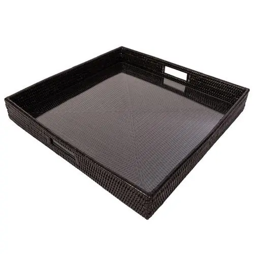 ARTIFACTS TRADING COMPANY™ Artifacts Rattan Square Serving Ottoman Trays With Glass Insert - Tudor Black
