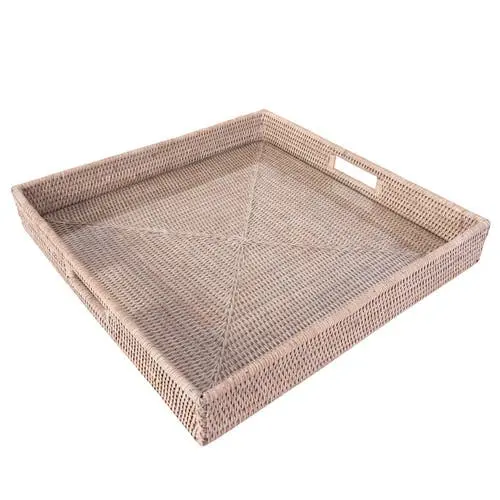 ARTIFACTS TRADING COMPANY™ Artifacts Rattan Square Serving Ottoman Trays With Glass Insert - White Wash