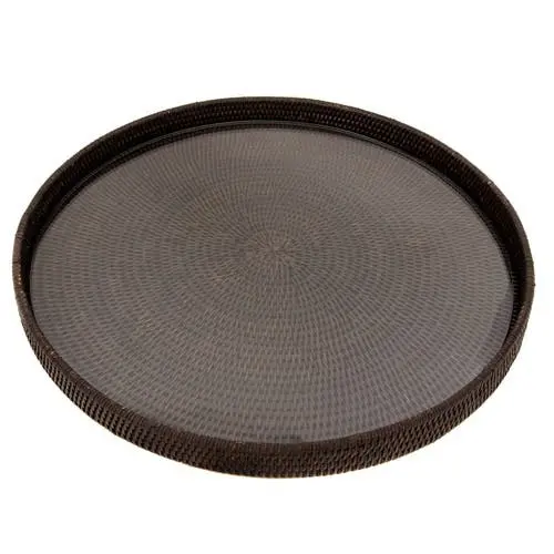 ARTIFACTS TRADING COMPANY™ Artifacts Rattan Round Serving-ottoman Tray With Glass Insert - Tudor Black