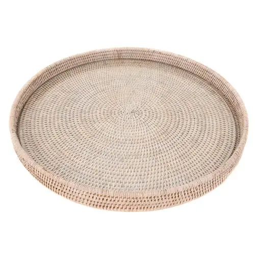 ARTIFACTS TRADING COMPANY™ Artifacts Rattan Round Serving-ottoman Tray With Glass Insert - White Wash