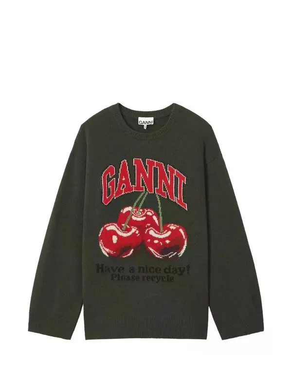 GANNI Cherry-print Knitted Sweater - Green