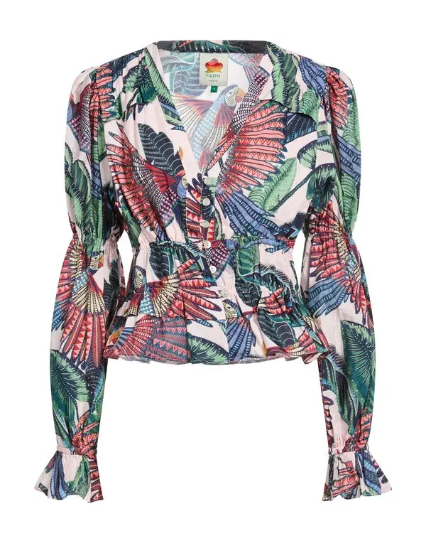 Farm Rio Cotton Viscose Printed V-neck Long Sleeve Shirt