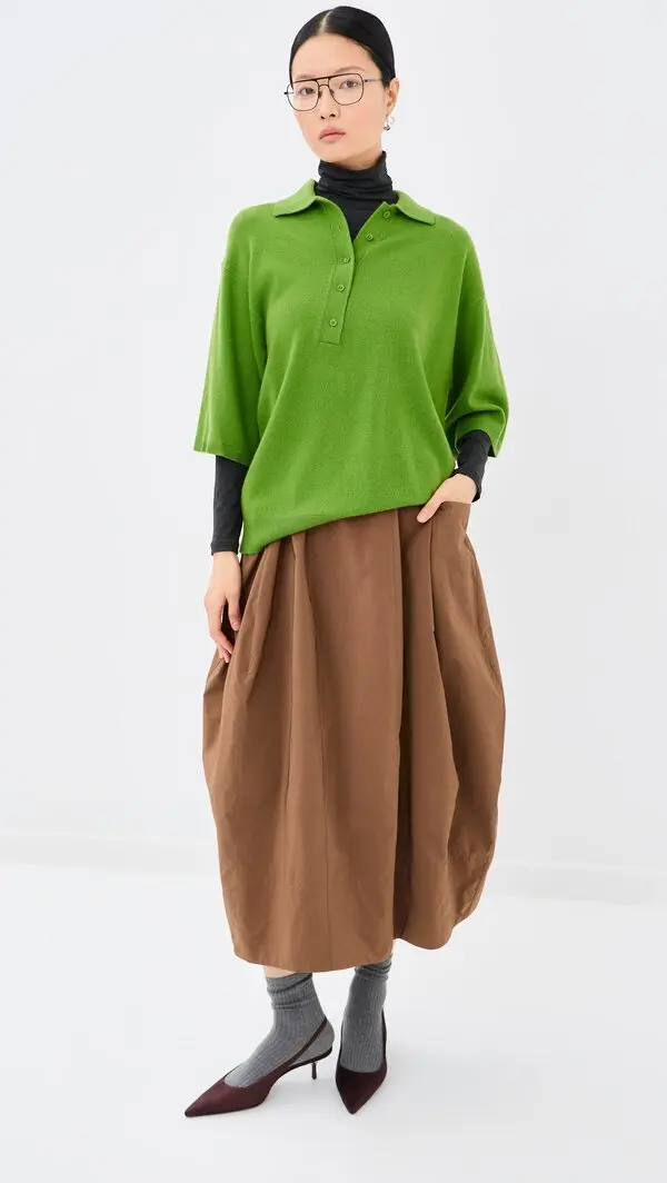 Tibi Oversized Easy Polo Shirt In Wool-cashmere Blend - Avocado