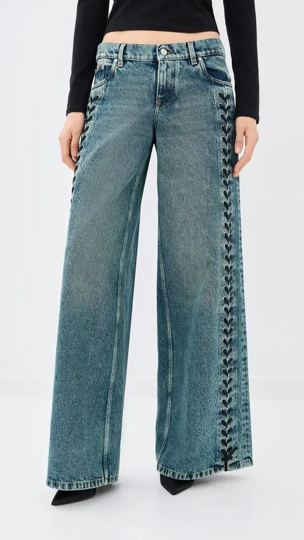 Stella McCartney Laced Denim Wide Leg Jeans - Mid Blue