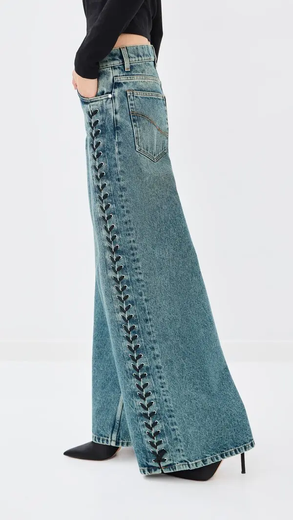 Stella McCartney Laced Denim Wide Leg Jeans - Mid Blue