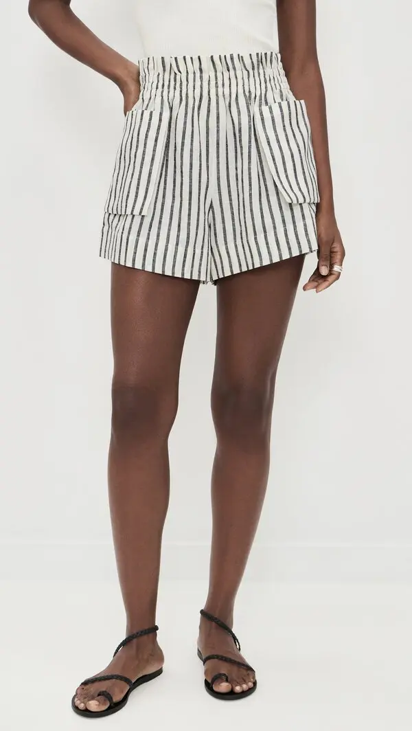HEVRON Mira Striped Linen Shorts - Black Stripe