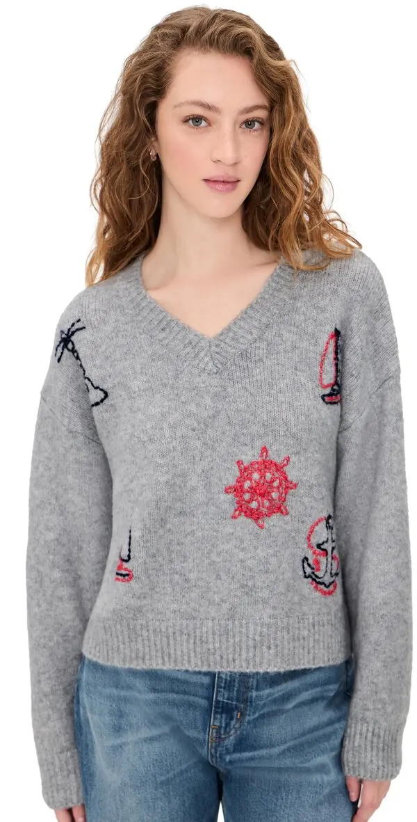 BAILEY ROSE Embroidered Nautical V-neck Pullover