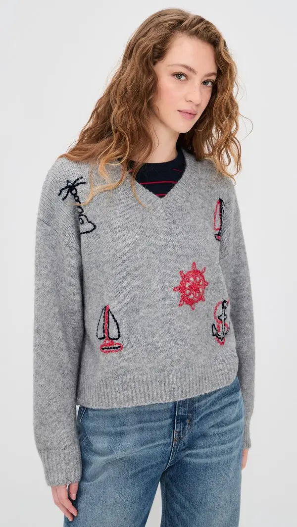 BAILEY ROSE Embroidered Nautical V-neck Pullover