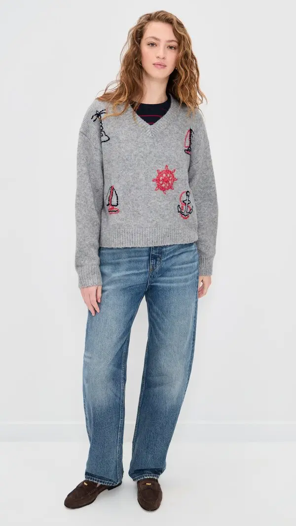 BAILEY ROSE Embroidered Nautical V-neck Pullover