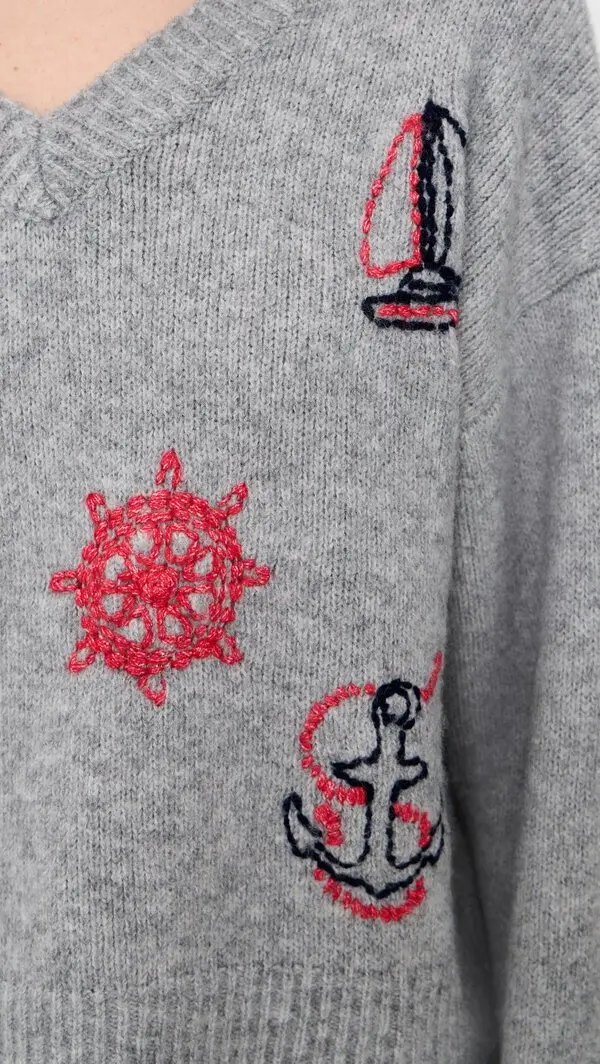 BAILEY ROSE Embroidered Nautical V-neck Pullover