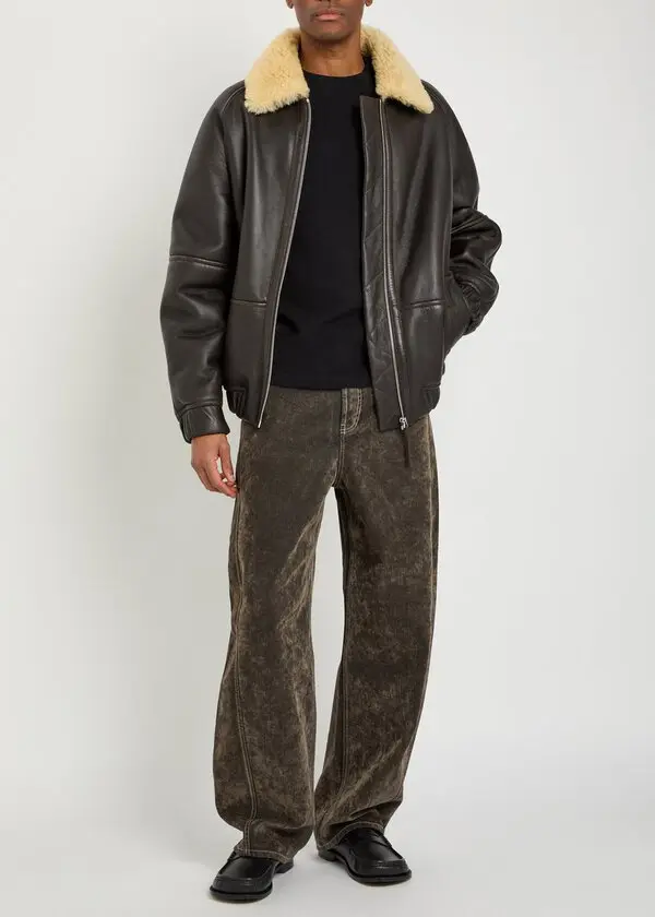 Jacquemus Le Bombardier Leather Bomber Jacket With Shearling Collar - Dark Brown