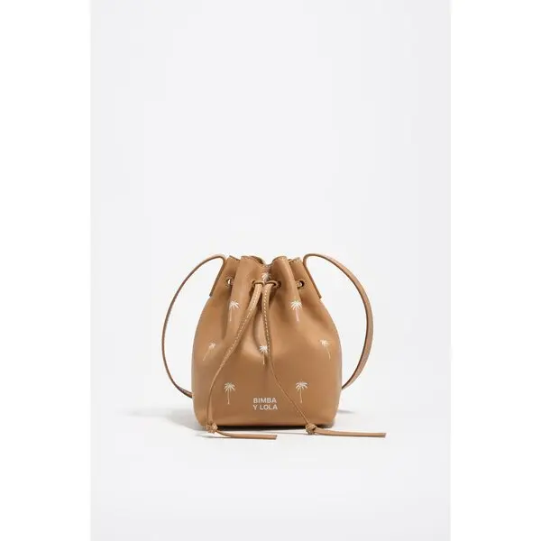 Bimba Y Lola Palms Print Leather Carlino Bucket Bag - Hazelnut