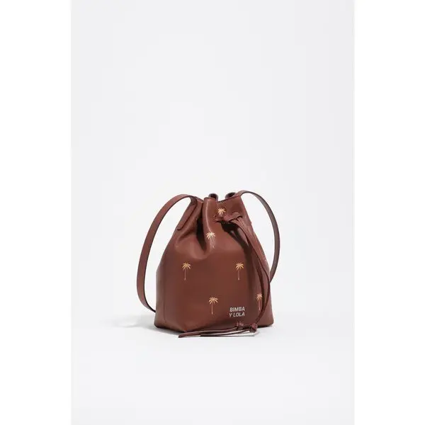 Bimba Y Lola Small Palms Print Leather Carlino Bucket Bag - Nut