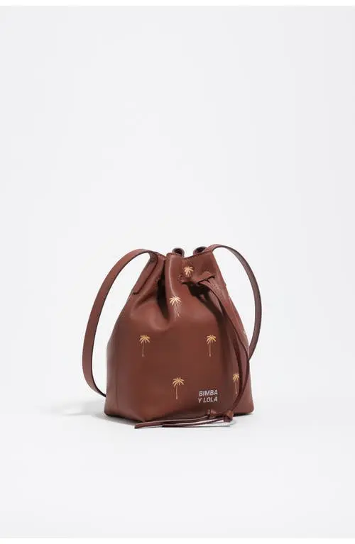 Bimba Y Lola Small Palms Print Leather Carlino Bucket Bag - Nut