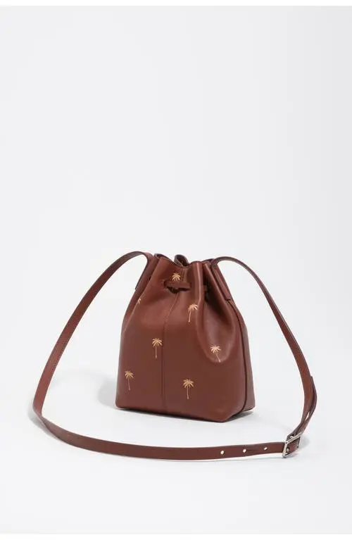 Bimba Y Lola Small Palms Print Leather Carlino Bucket Bag - Nut