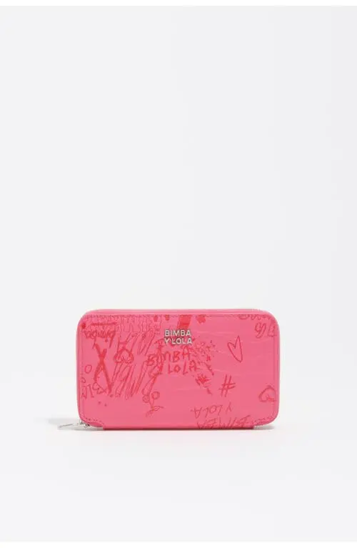 Bimba Y Lola Medium Shiny Textured Bimba Logos Print Horizontal Wallet - Bimba Logos Pink Berry