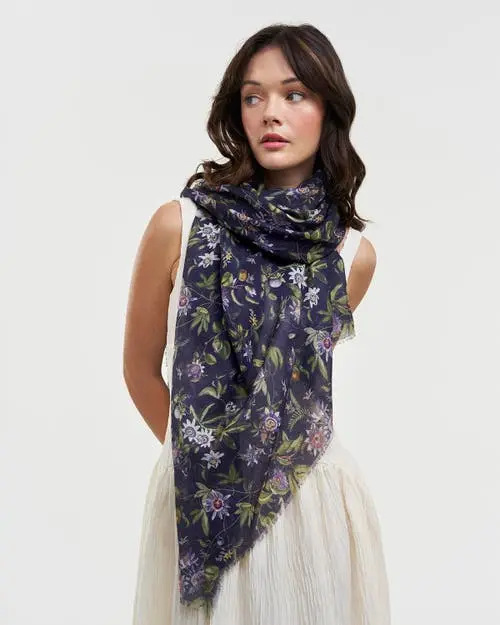 FABLE ENGLAND Passion Flower Lightweight Long Scarf - Navy