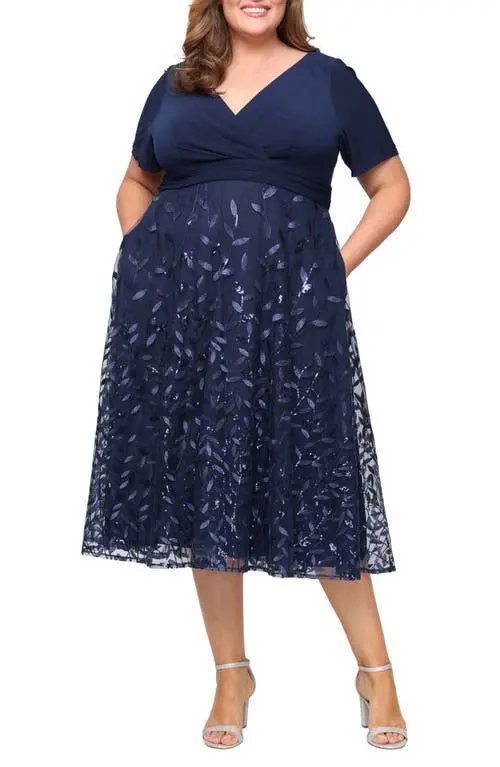 Alex Evenings Tea Length Embroidered Mesh Dress - Navy