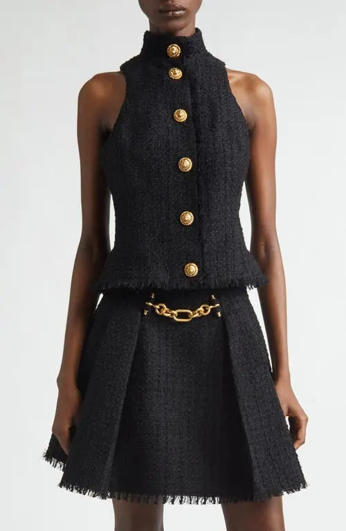 Balmain Button-front Fringe Tweed Top