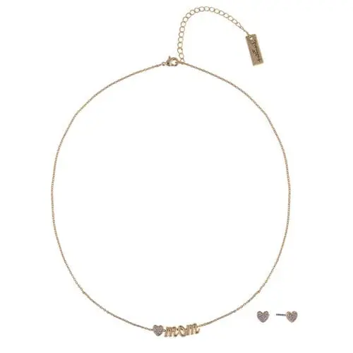 HALLMARK Tone Mama Heart Charm Necklace And Earring Set With Glass Stones - Gold