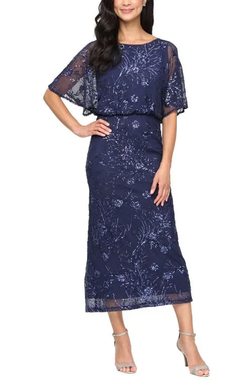 SL FASHIONS Sequin Blouson Bodice Gown - Navy