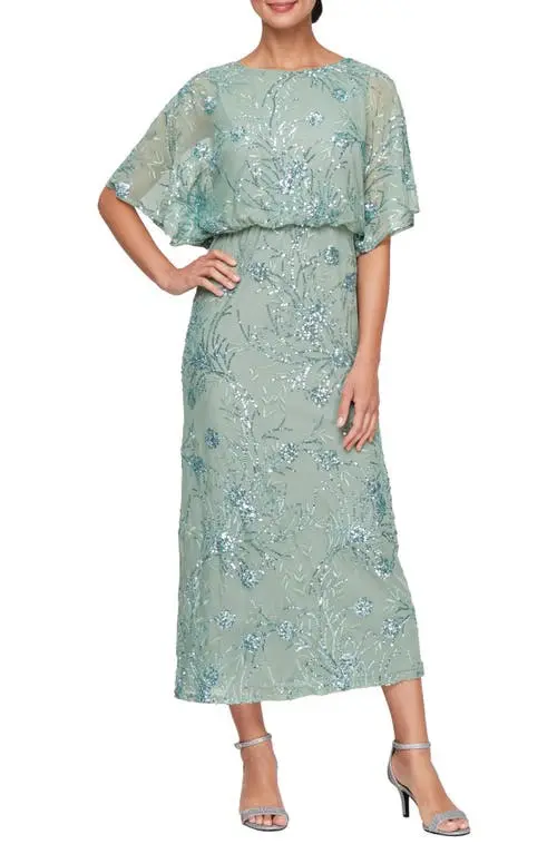 SL FASHIONS Sequin Blouson Bodice Gown - Sage