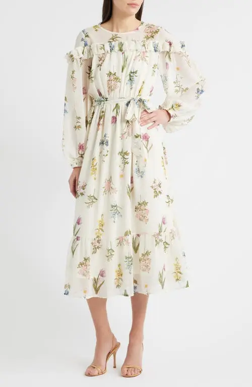 ZOE AND CLAIRE Printed Ruffle Chiffon Midi Dress