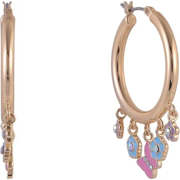 HALLMARK Gold Tone Hoop Earrings With Enamel Flower Drops - Pink