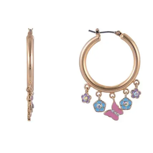 HALLMARK Gold Tone Hoop Earrings With Enamel Flower Drops