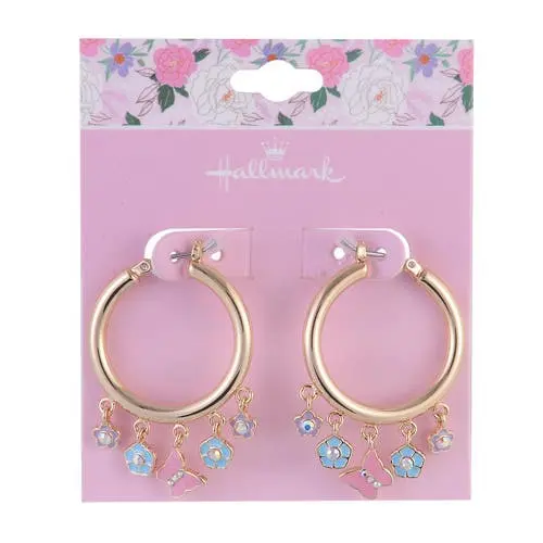 HALLMARK Gold Tone Hoop Earrings With Enamel Flower Drops