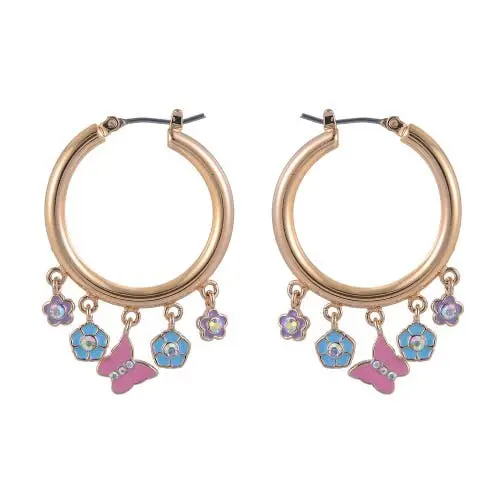 HALLMARK Gold Tone Hoop Earrings With Enamel Flower Drops