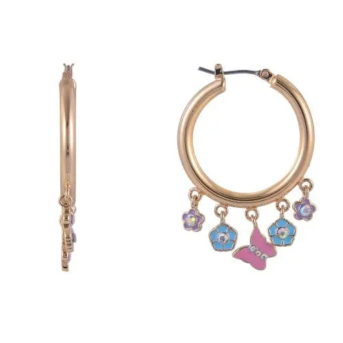 HALLMARK Gold Tone Hoop Earrings With Enamel Flower Drops