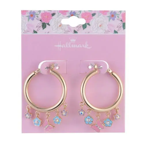 HALLMARK Gold Tone Hoop Earrings With Enamel Flower Drops