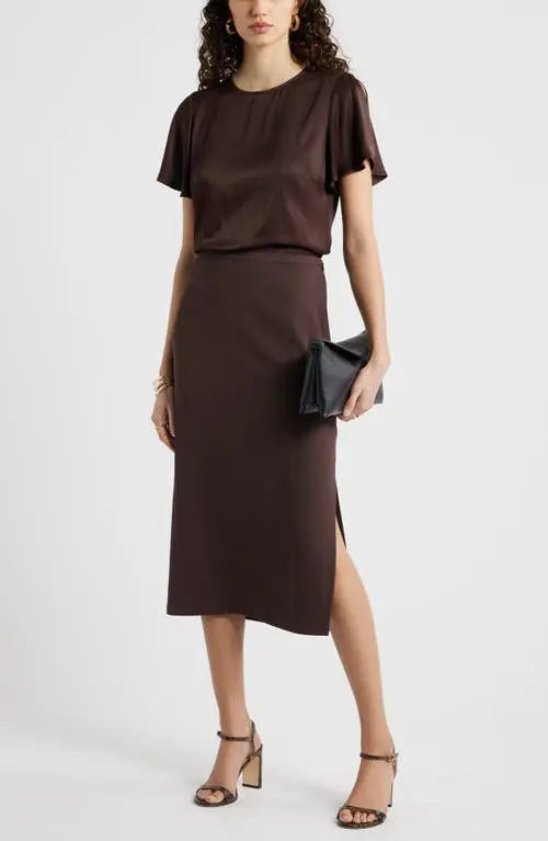 Nordstrom Flutter Sleeve Satin Top - Brown Coffee