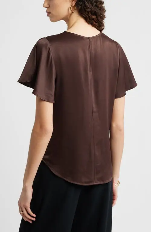 Nordstrom Flutter Sleeve Satin Top - Brown Coffee