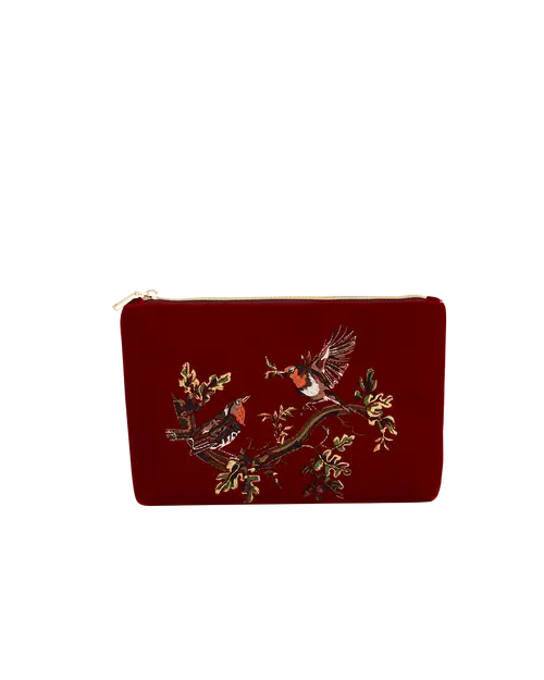 FABLE ENGLAND Robin Love Embroidered Medium Pouch - Ruby Red