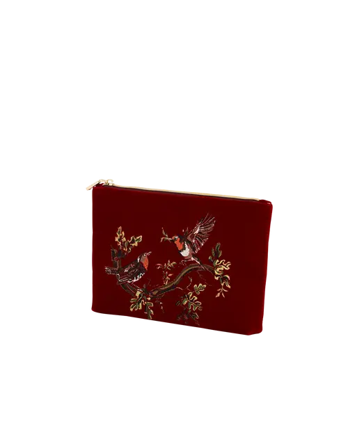 FABLE ENGLAND Robin Love Embroidered Medium Pouch - Ruby Red