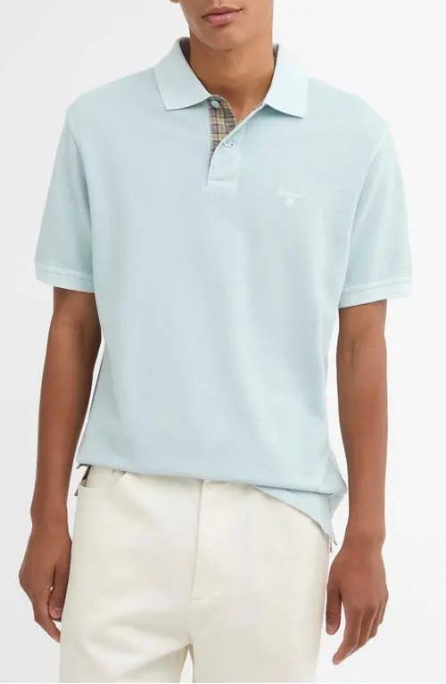 Barbour Tailored Fit Tartan Placket Cotton Piqué Polo - Washed Sky